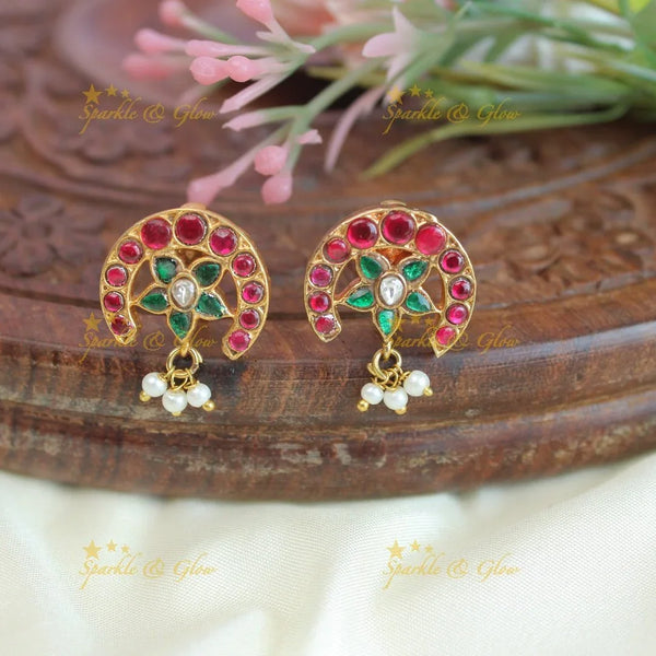 Floral Jadau Stone Bugadi Earrings - Half Moon Design – Sparkle and Glow