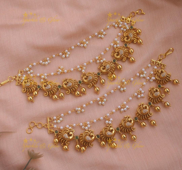 Gold-Plated Peacock Bead Ear Chain Maati – Sparkle and Glow