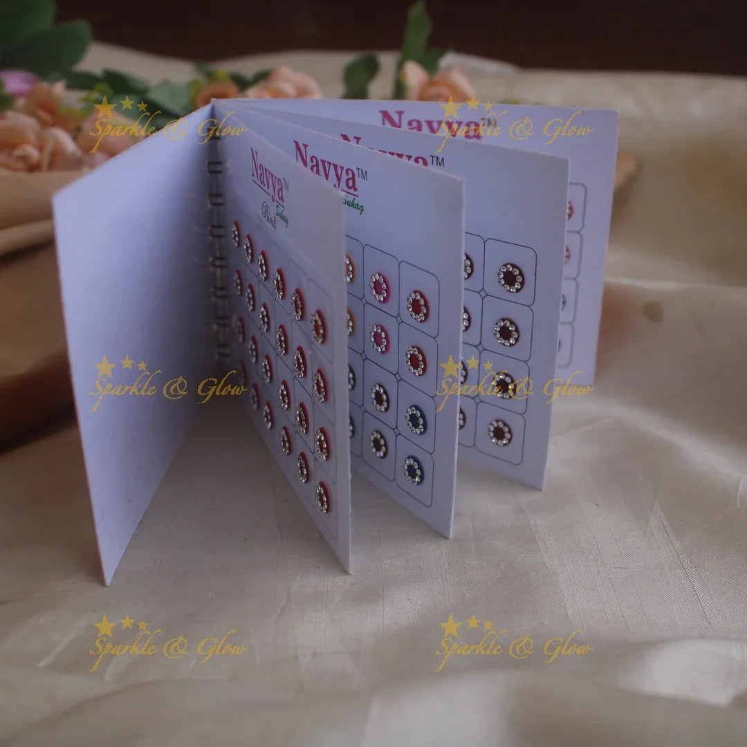 Navya round single size stone bindi with in spiral book in assorted co ...