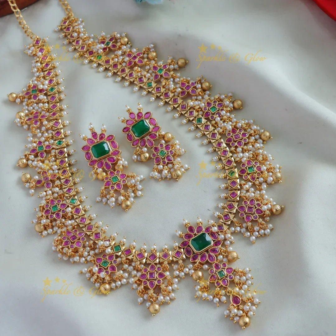 Elegant Floral gutta pusalu haram with ruby emerald and gold beads ...