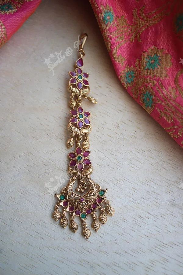 Traditional Gutta Pusalu Maang Tikka - Antique Gold