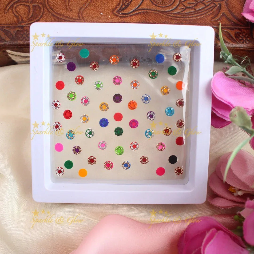 Beautiful Assorted coloured Bindi box with stones – Sparkle and Glow