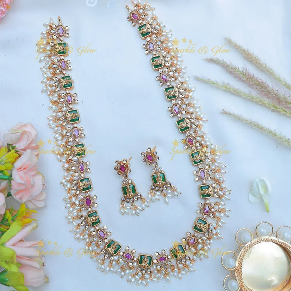 Green Lakshmi Gutta Pusalu Necklace with Pearls – Sparkle and Glow