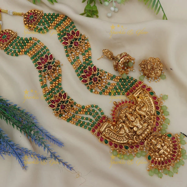 Elegant Lakshmi Lotus Beaded Haram Necklace – Sparkle and Glow