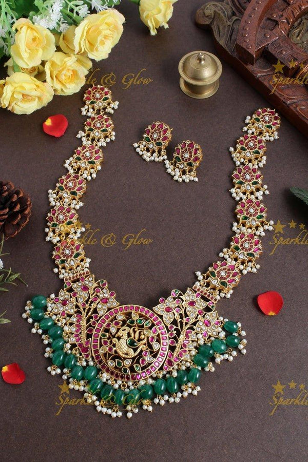 Gheru Gold Jadau Peacock Lotus Long Haram Necklace – Sparkle and Glow