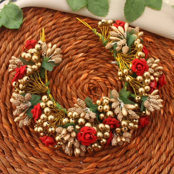 Red & Gold Flower Gajra for Hair | Traditional Style – Sparkle and Glow